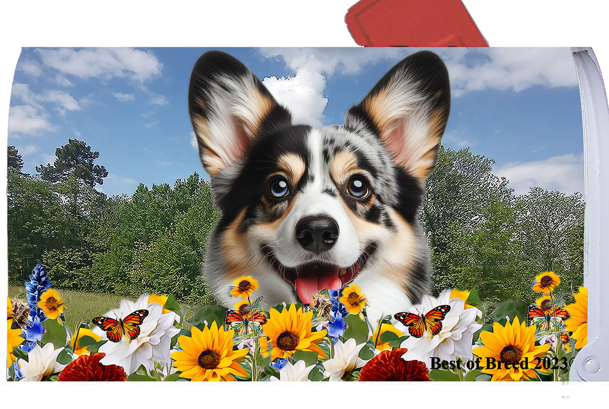 Corgi Cardigan Blue Merle - Best of Breed Summer Flowers Mailbox Cover