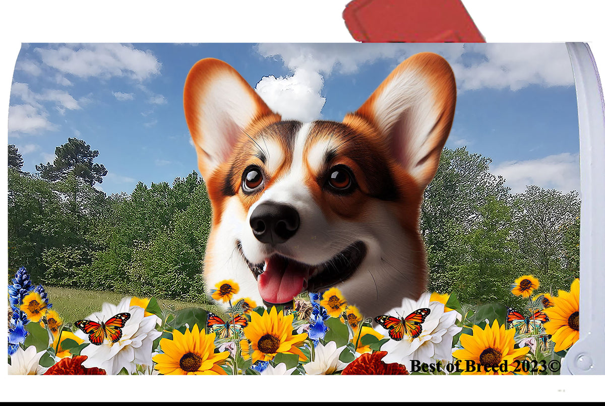Corgi Pembroke Welsh Red/White - Best of Breed Summer Flowers Mailbox