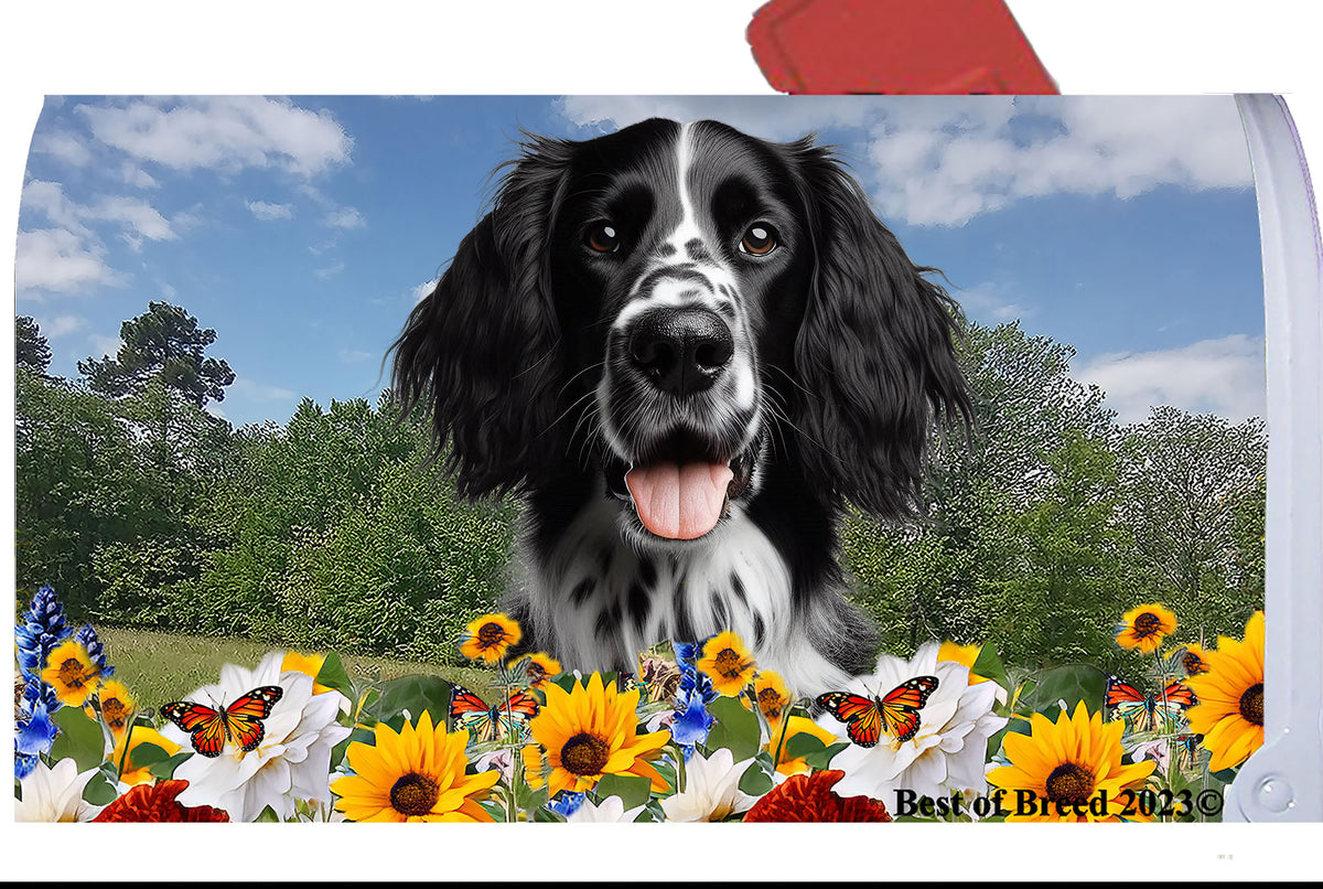 English Setter Black/White - Best of Breed Summer Flowers Mailbox Cove
