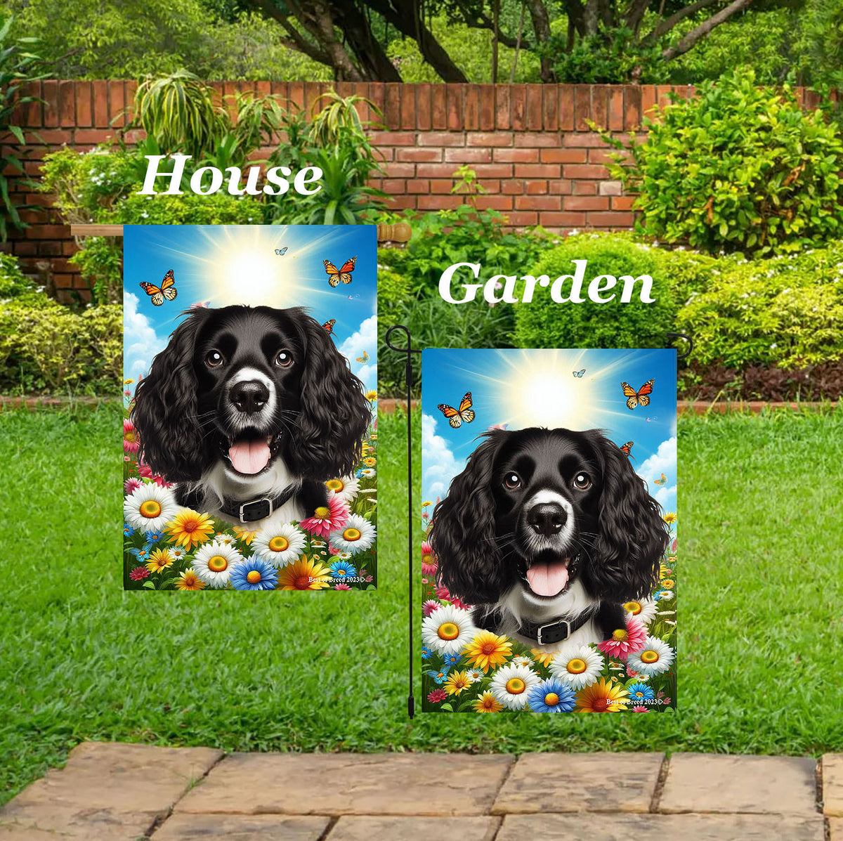Springer Spaniel B/W - Best of Breed Summer Butterflies Outdoor House