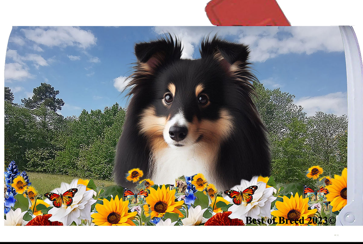Sheltie Tri - Best of Breed Summer Flowers Mailbox Cover Hi-Grade Viny