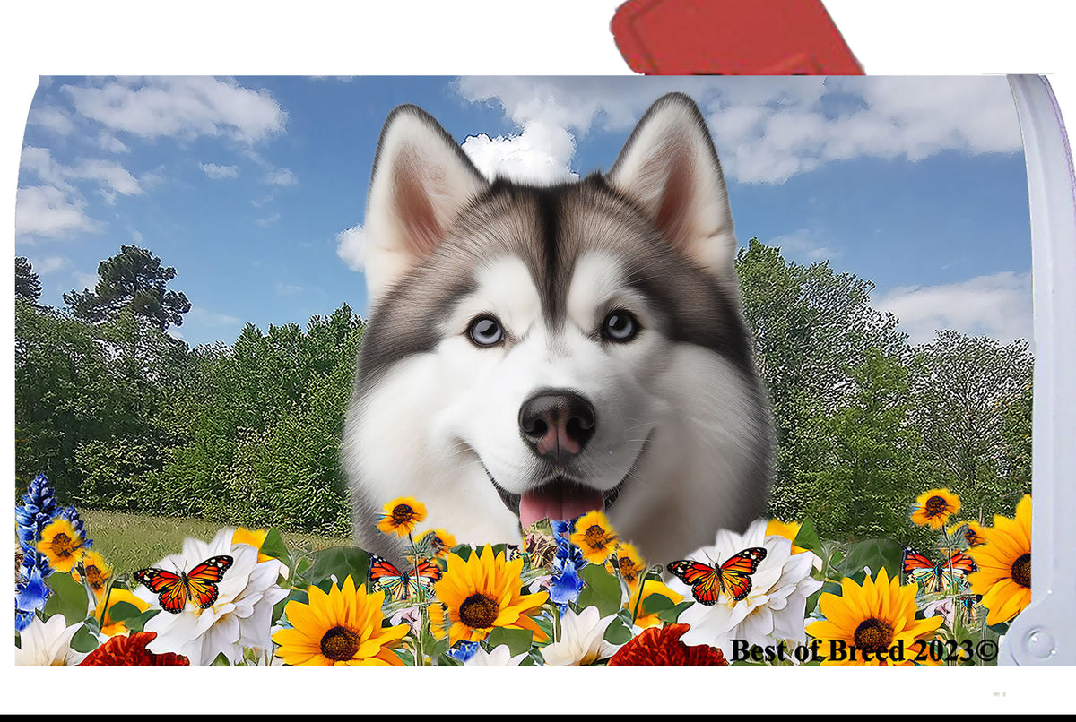 Siberian Husky Grey Blue Eyes - Best of Breed Summer Flowers Mailbox C