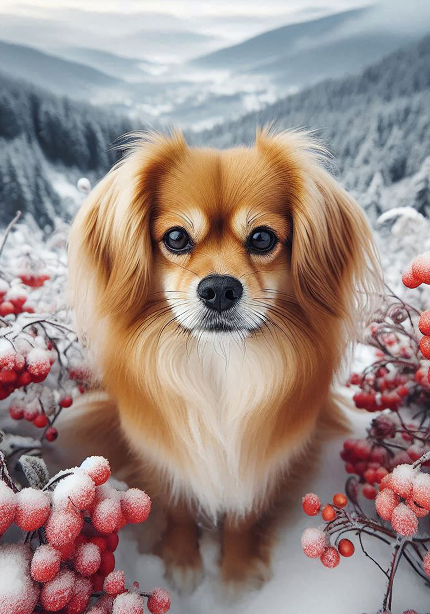 Tibetan Spaniel Fawn - Best of Breed DCR Winter Berries Outdoor House