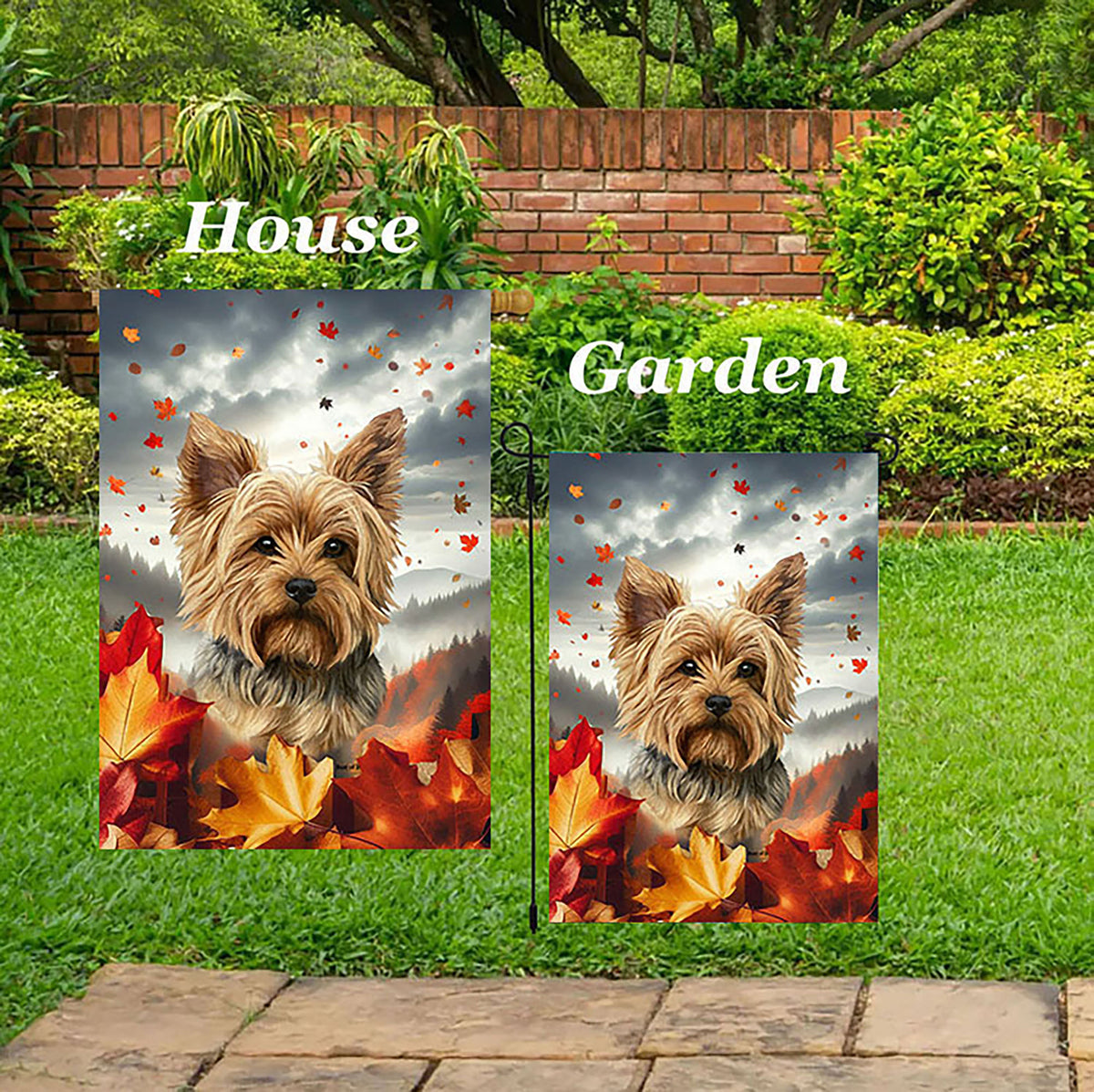 Yorkie Puppy Cut - Best of Breed Fall Leaves Outdoor House and Garden