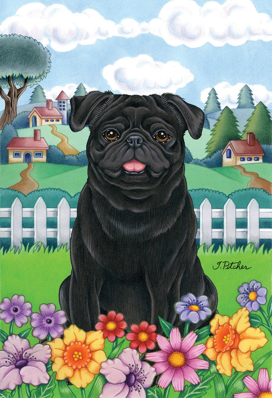 Pug Black- Tomoyo Pitcher Spring Garden Flag 12" x 17" - $17.95