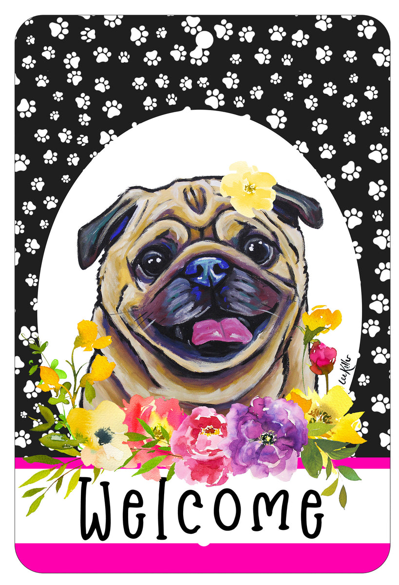 Pug Fawn - HHS Paw Prints Welcome Indoor/Outdoor Aluminum Sign 8" x 12