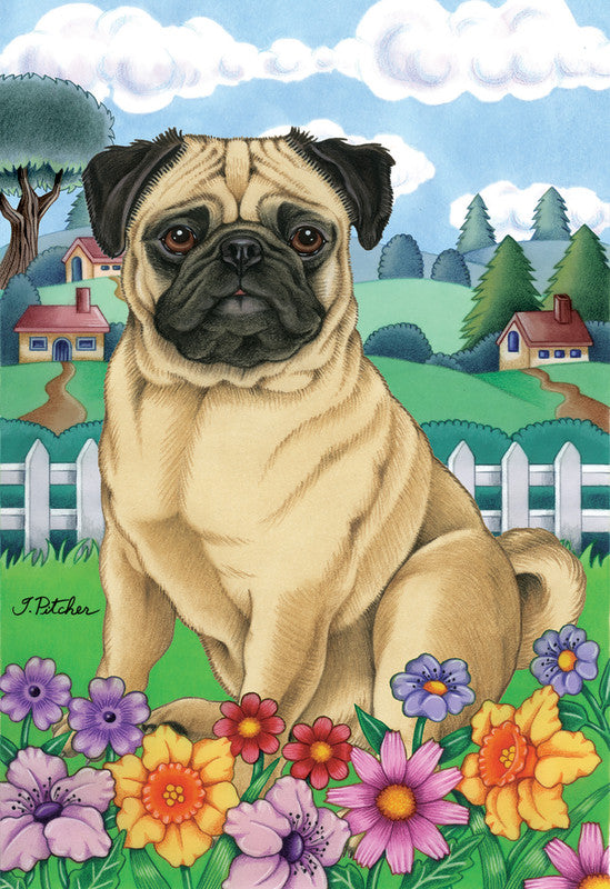 Pug Fawn- Tomoyo Pitcher Spring Garden Flag 12" x 17" - $17.95