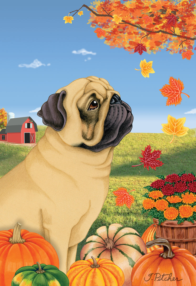 Pug Fawn- Tomoyo Pitcher Autumn Leaves Outdoor Flag