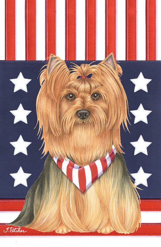 Yorkie Show Cut - Tomoyo Pitcher Patriot Garden Flag 12" x 17" - $17.95